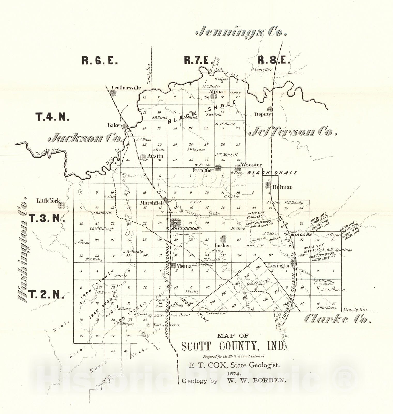 Historic Map : 1874 Map of Scott County, Indiana : Vintage Wall Art ...