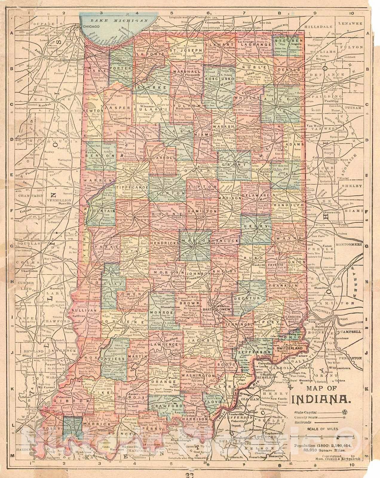 Historic Map : 1893 Map of Indiana : Vintage Wall Art – Historic Pictoric