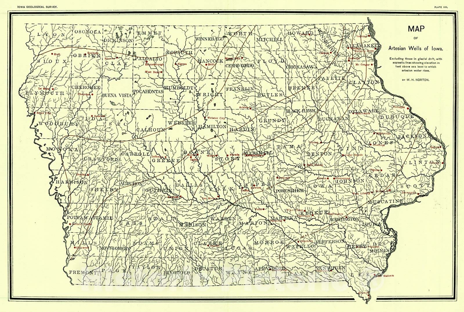 Historic Map : 1897 Map of Artesian Wells in Iowa : Vintage Wall Art ...