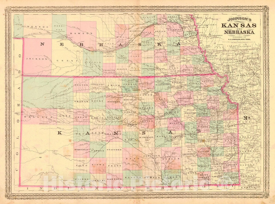Historic Map : 1870 Johnson's Kansas and Nebraska : Vintage Wall Art ...