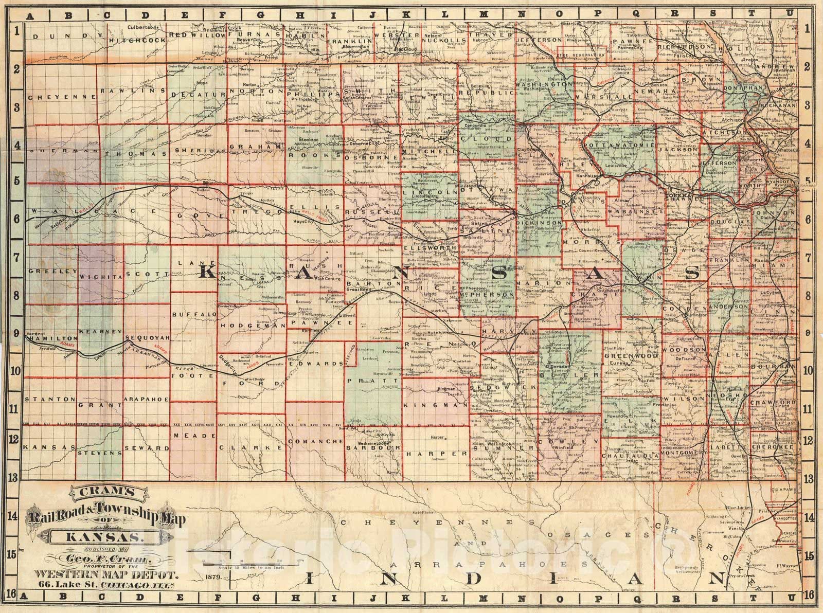 Historic Map : 1879 Cram's Railroad & Township Map of Kansas : Vintage ...