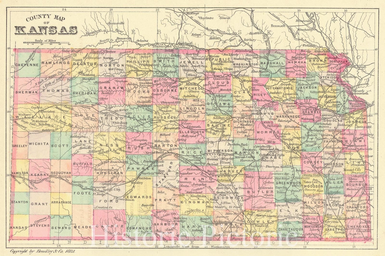 Historic Map : 1881 County Map of Kansas : Vintage Wall Art – Historic ...