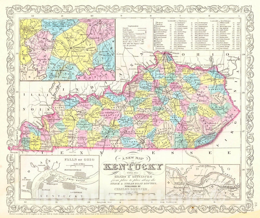 Historic Map : 1857 A New Map of Kentucky with Its Roads and Distances ...