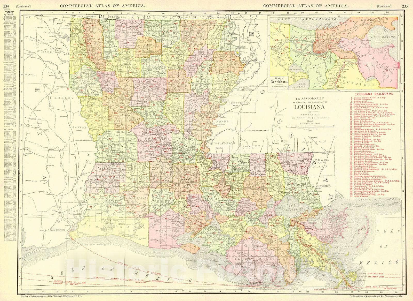 Historic Map : 1914 Rand McNally New Commercial Atlas Map of Louisiana ...