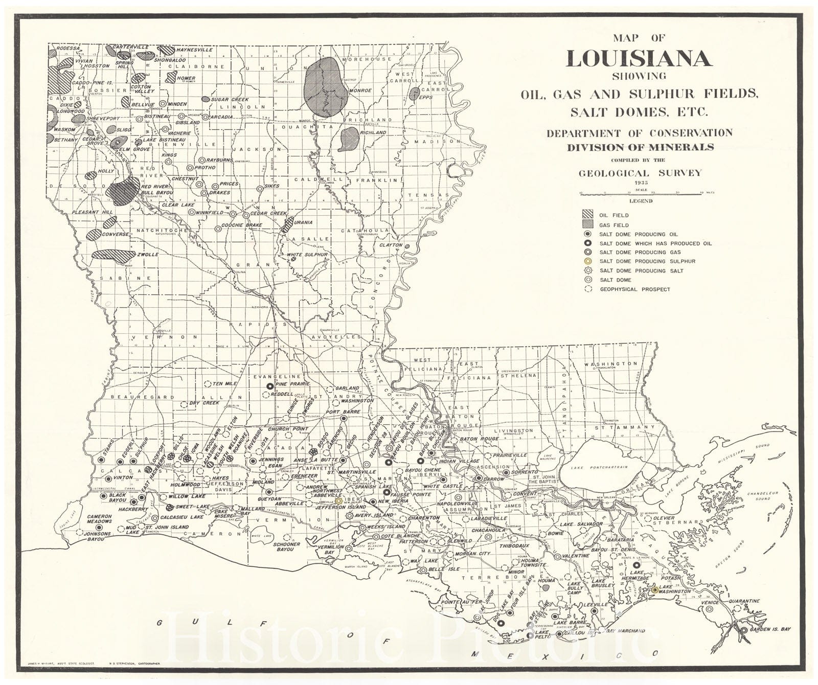 Historic Map : 1935 Map of Louisiana showing oil, gas and sulphur fiel ...