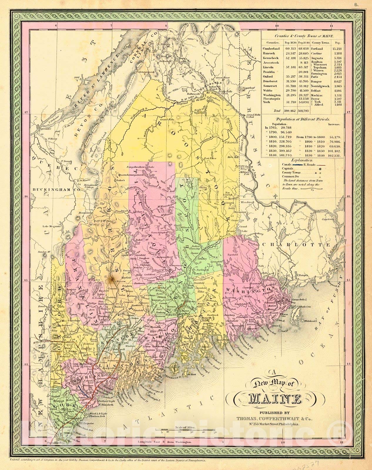 Historic Map : 1851 A New Map of Maine : Vintage Wall Art – Historic ...