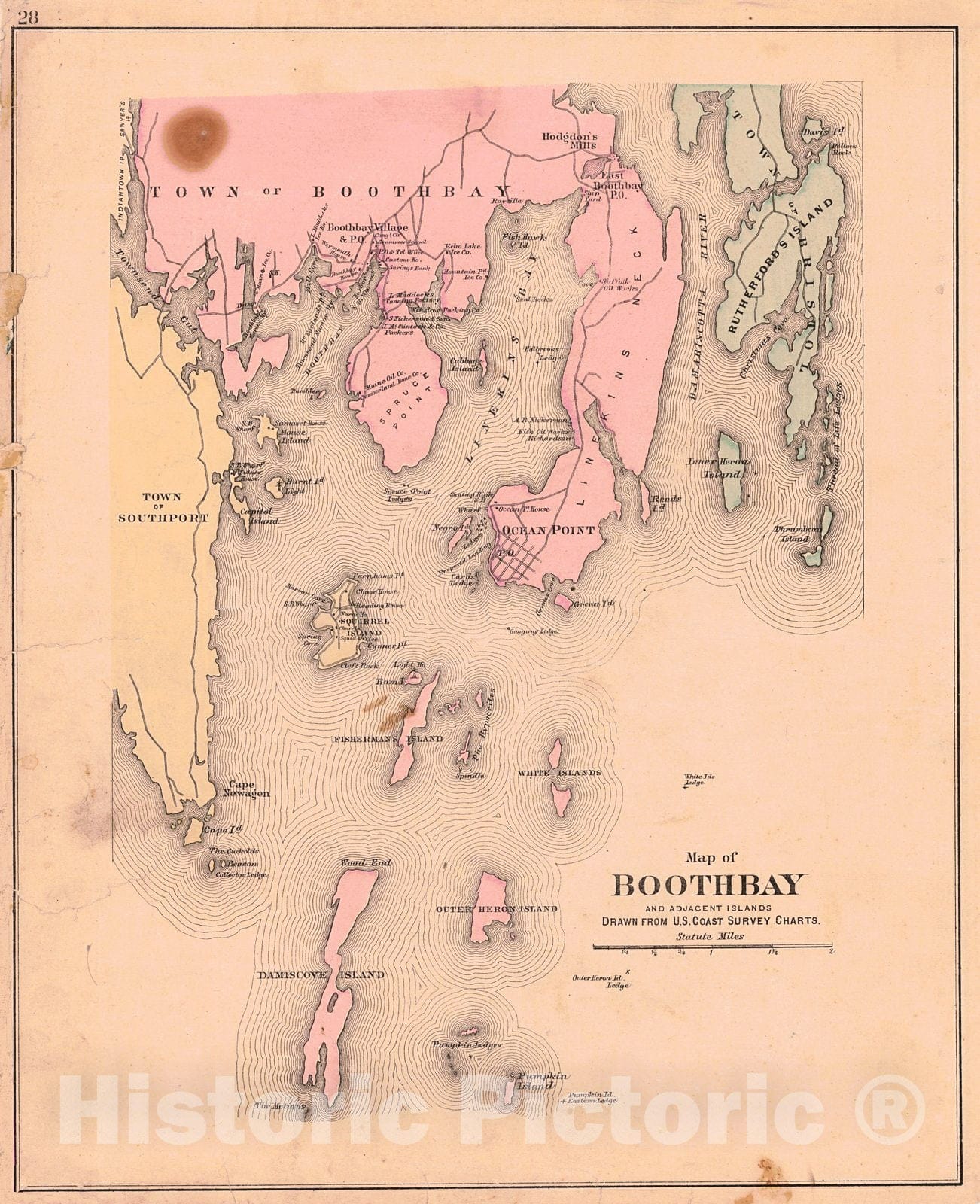 Historic Map : 1884 Map of Boothbay and Adjacent Islands : Vintage Wal ...