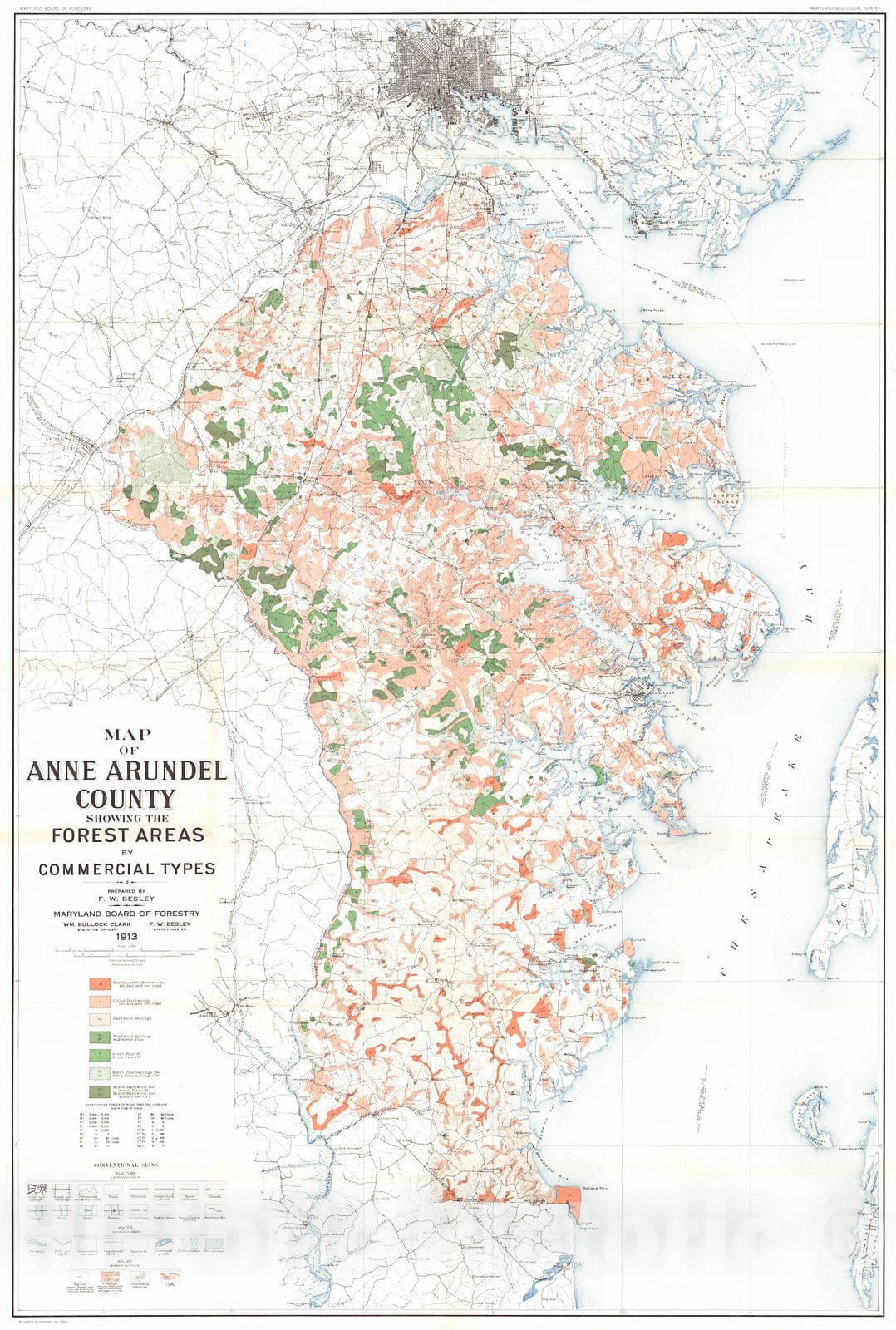 Historic Map : 1913 Map of Anne Arundel County Showing the Forest Area ...