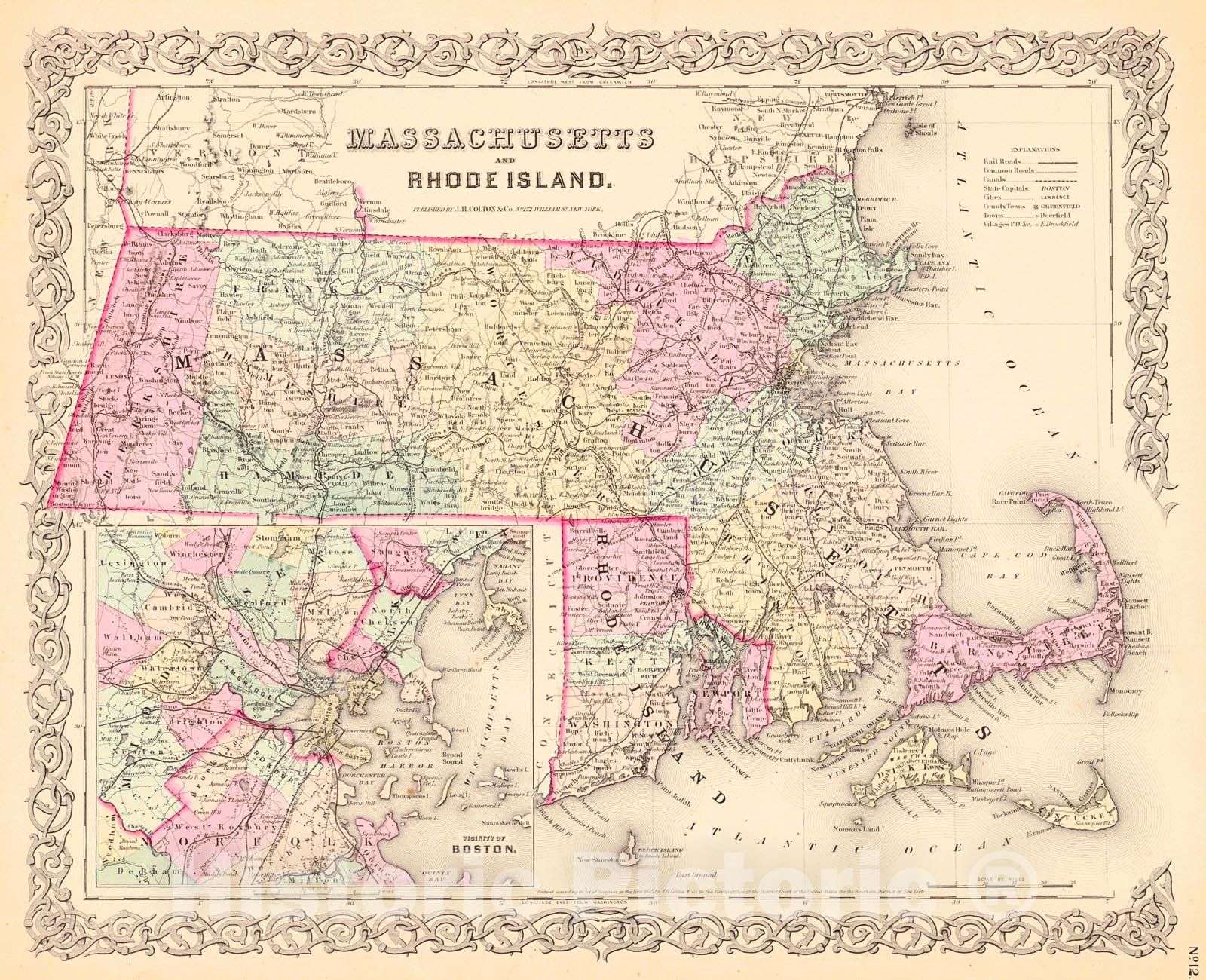 Historic Map : 1856 Colton's Massachusetts and Rhode Island : Vintage ...