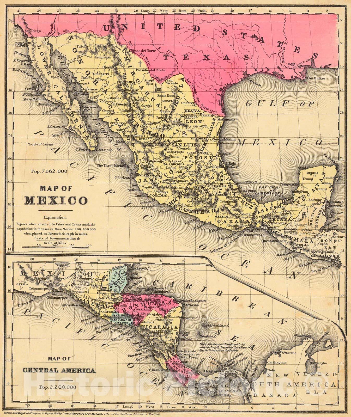 Historic Map : 1854 Map of Mexico - Map of Central America : Vintage W ...