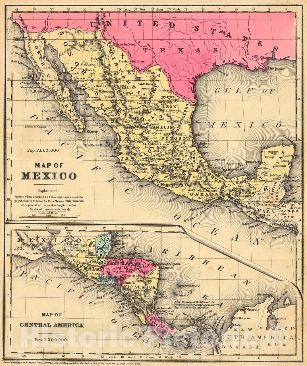 Historic Map : 1854 Map of Mexico - Map of Central America : Vintage W ...