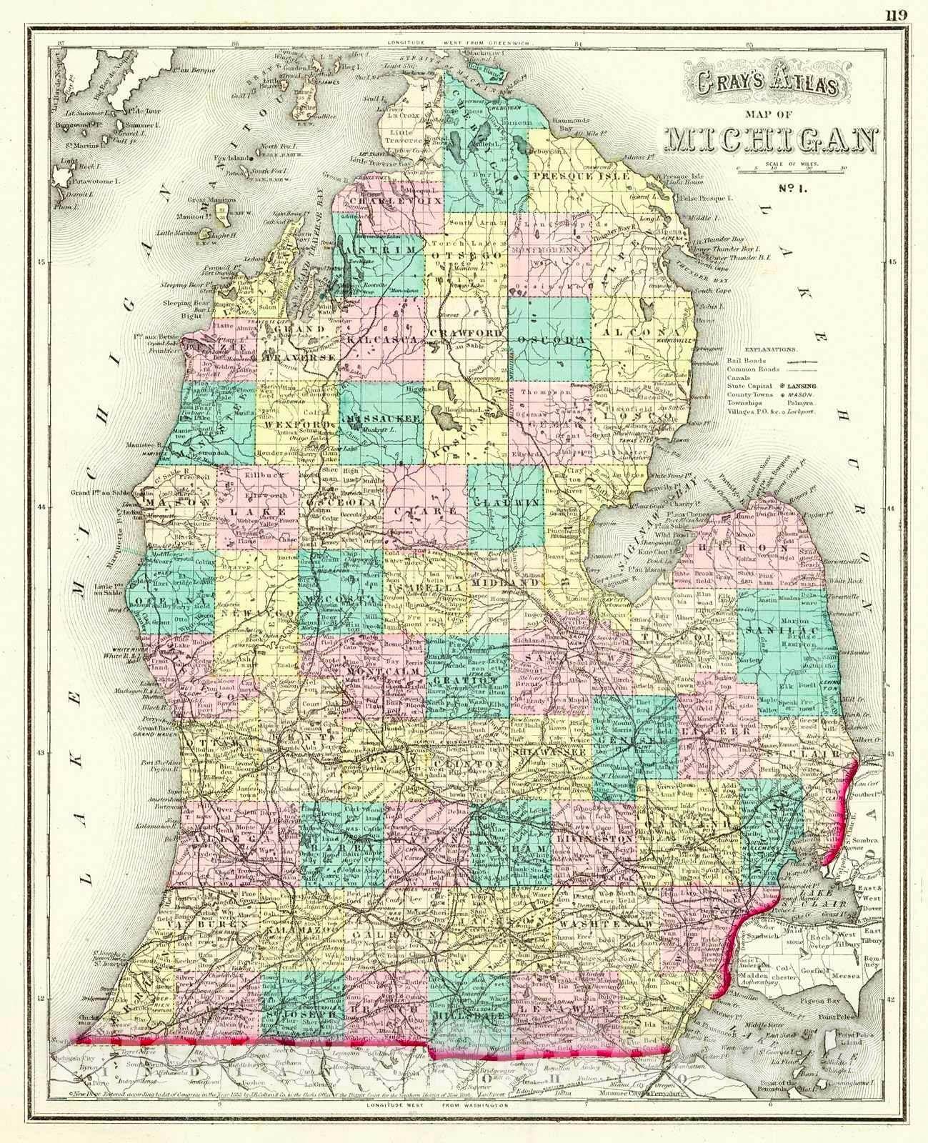 Historic Map : 1873 Gray's Atlas Map of Michigan No. 1 : Vintage Wall ...