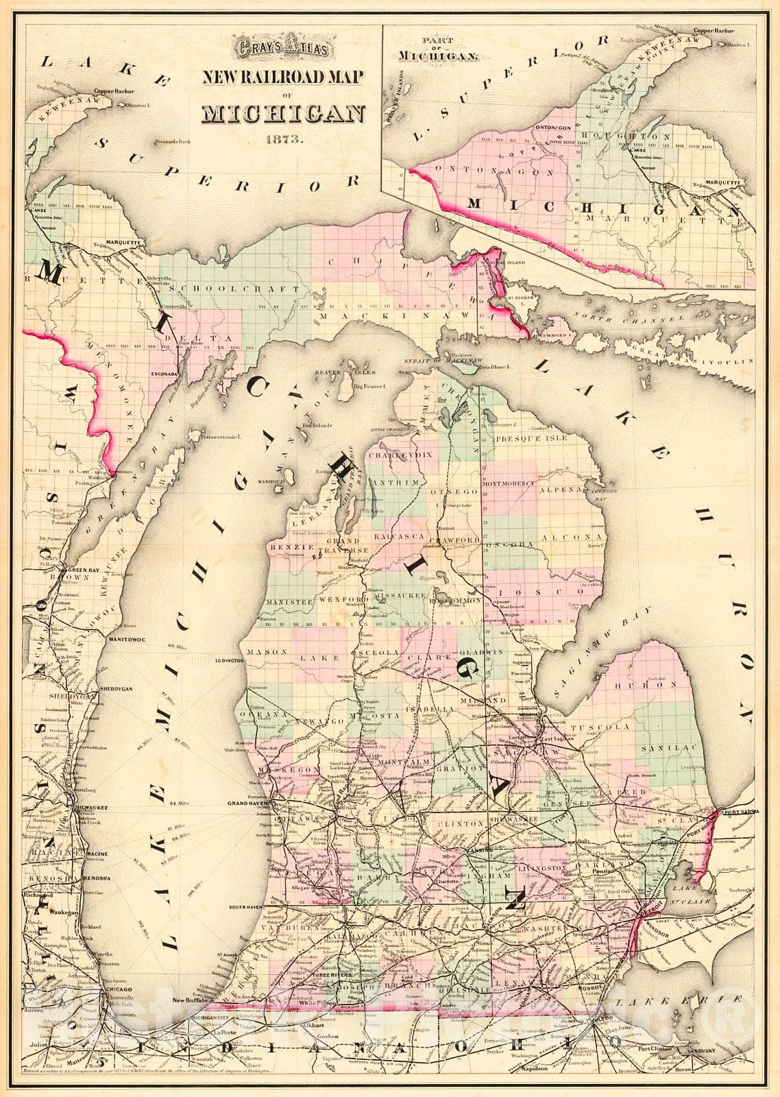 Historic Map : 1873 New Railroad Map of Michigan : Vintage Wall Art ...