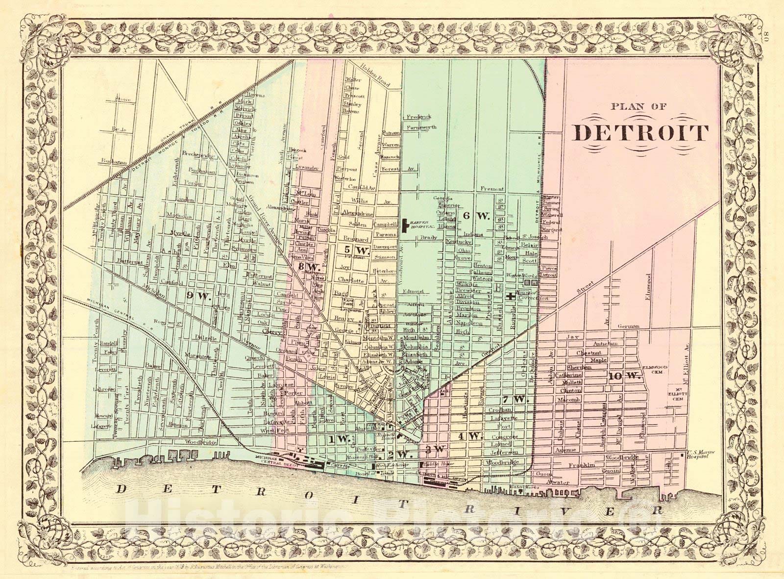 Historic Map : 1880 Plan of Detroit : Vintage Wall Art – Historic Pictoric