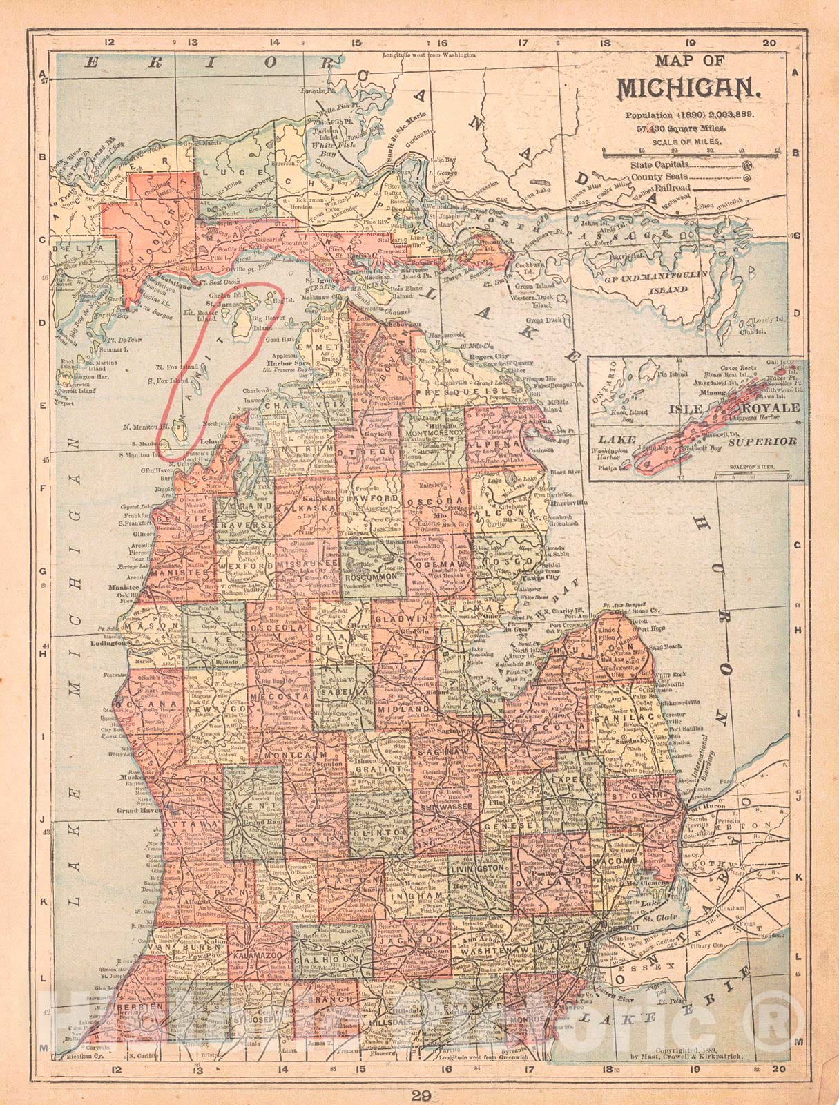Historic Map : 1889 Map of Michigan : Vintage Wall Art – Historic Pictoric