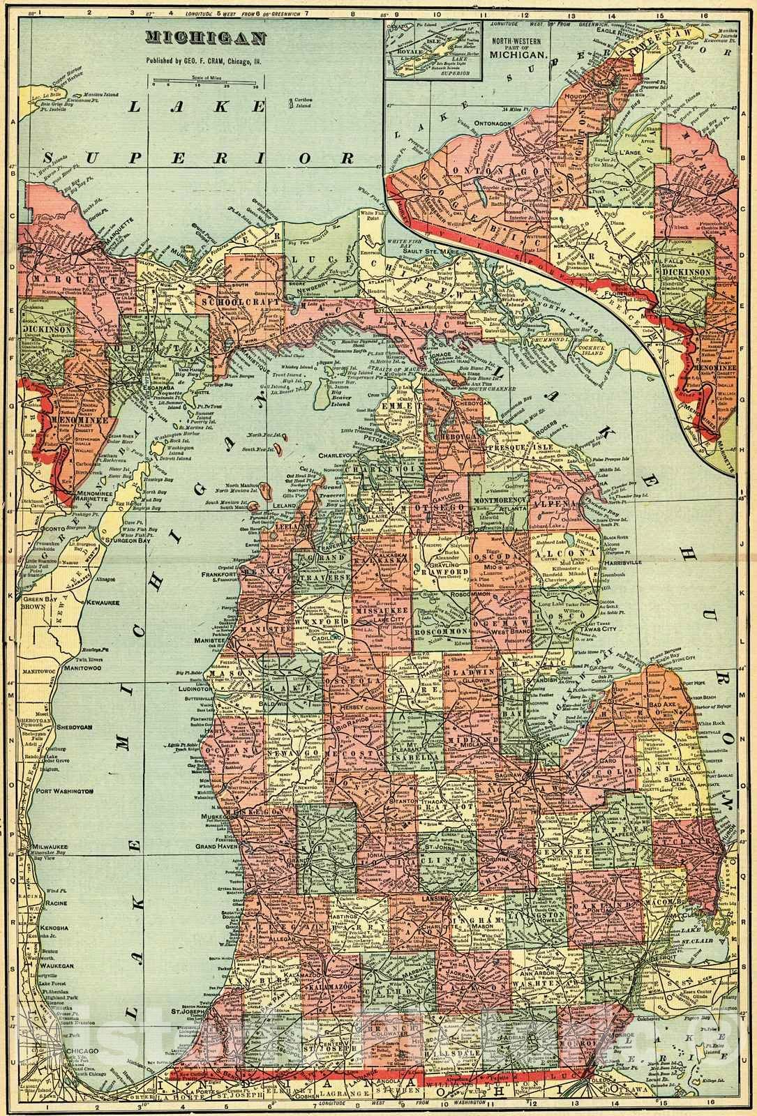 Historic Map : 1907 Michigan : Vintage Wall Art – Historic Pictoric