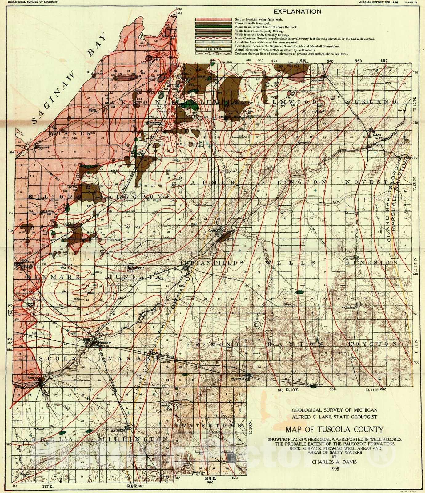 Historic Map : 1908 Map of Tuscola County, showing places where coal w ...