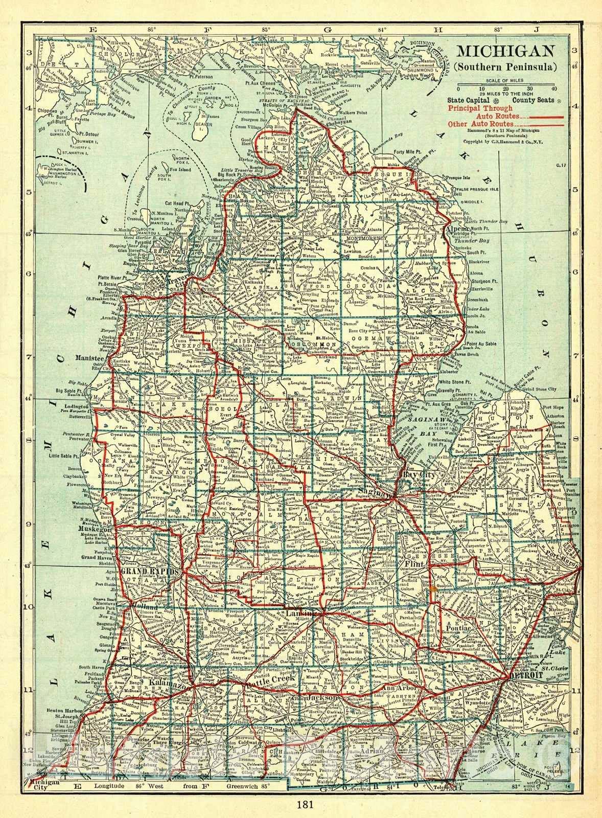 Historic Map : 1917 Michigan (Southern Peninsula) : Vintage Wall Art ...