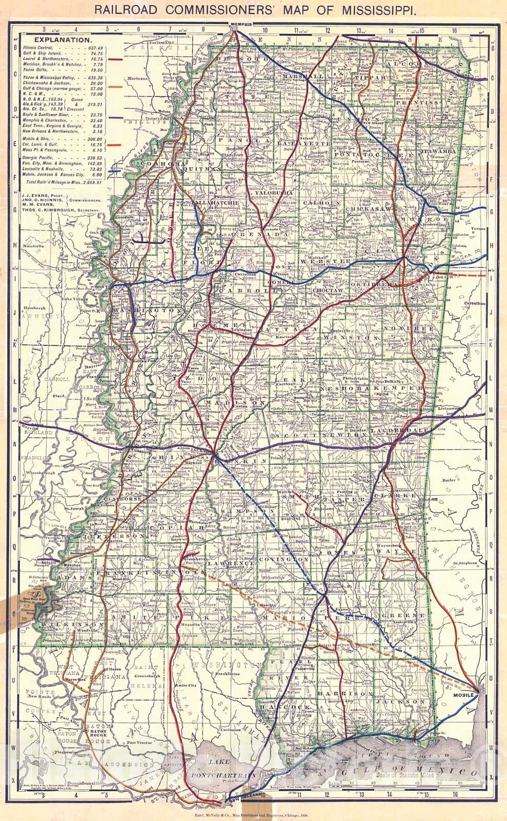 Historic Map : 1898 Railroad Commissioner's Map of Mississippi : Vinta ...