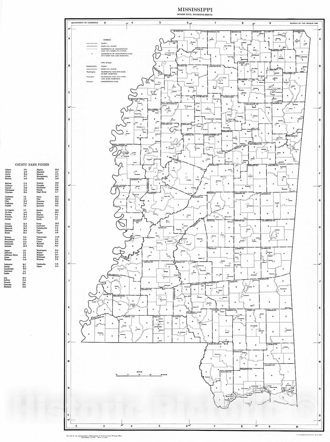 Historic Map : 1960 Mississippi Minor Civil Divisions - Beats (1960 ce ...