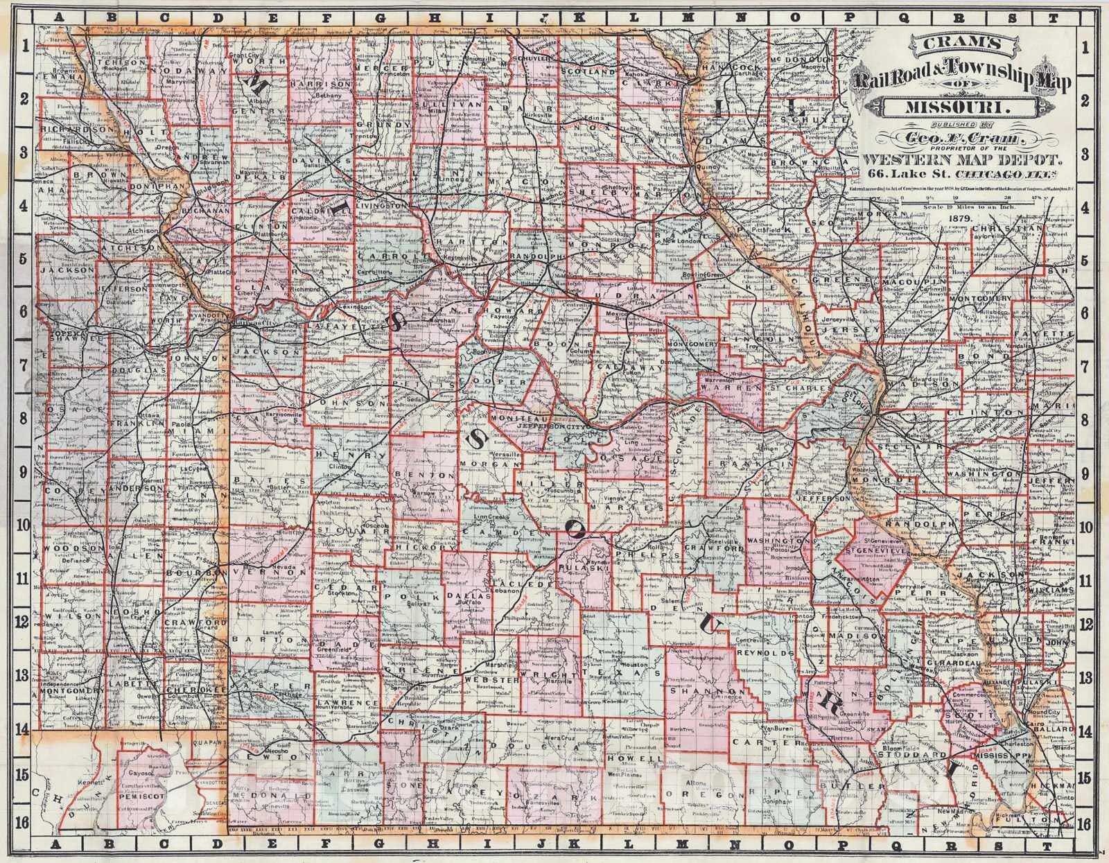 Historic Map : 1879 Cram's Railroad & Township Map of Missouri : Vinta ...