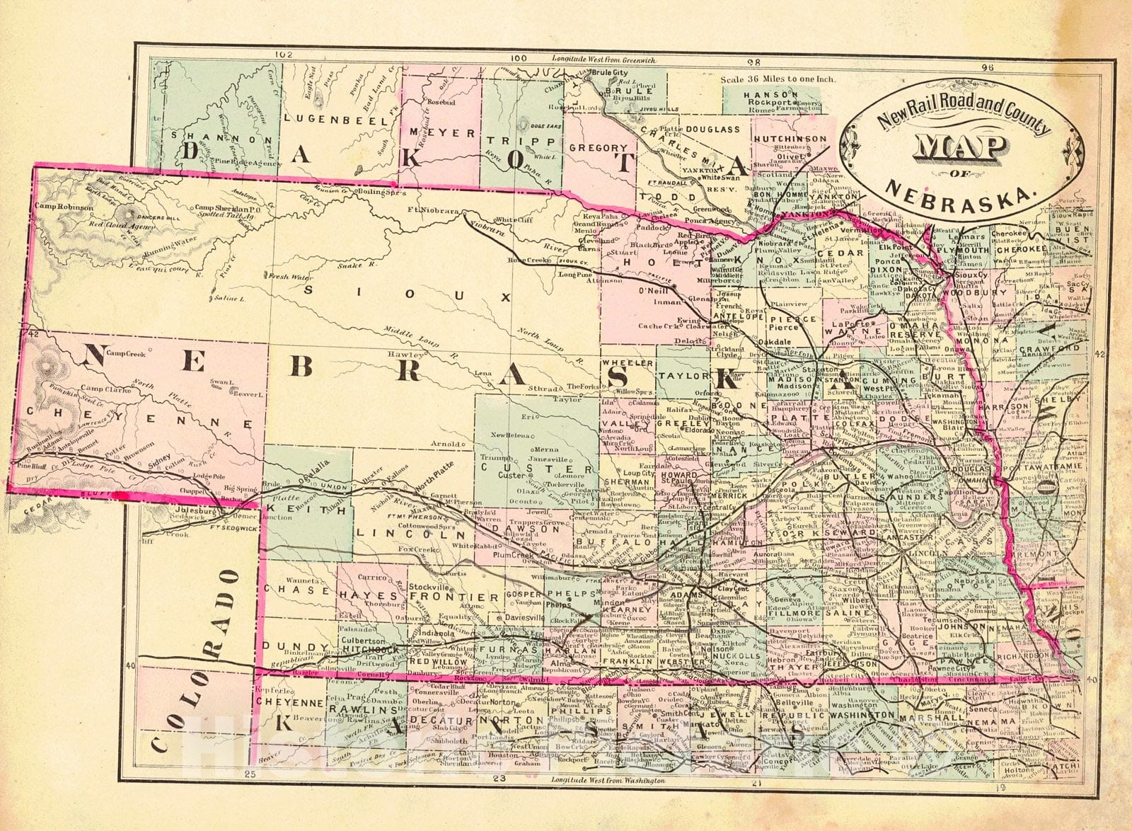 Historic Map : 1883 New Rail Road and County Map of Nebraska : Vintage ...