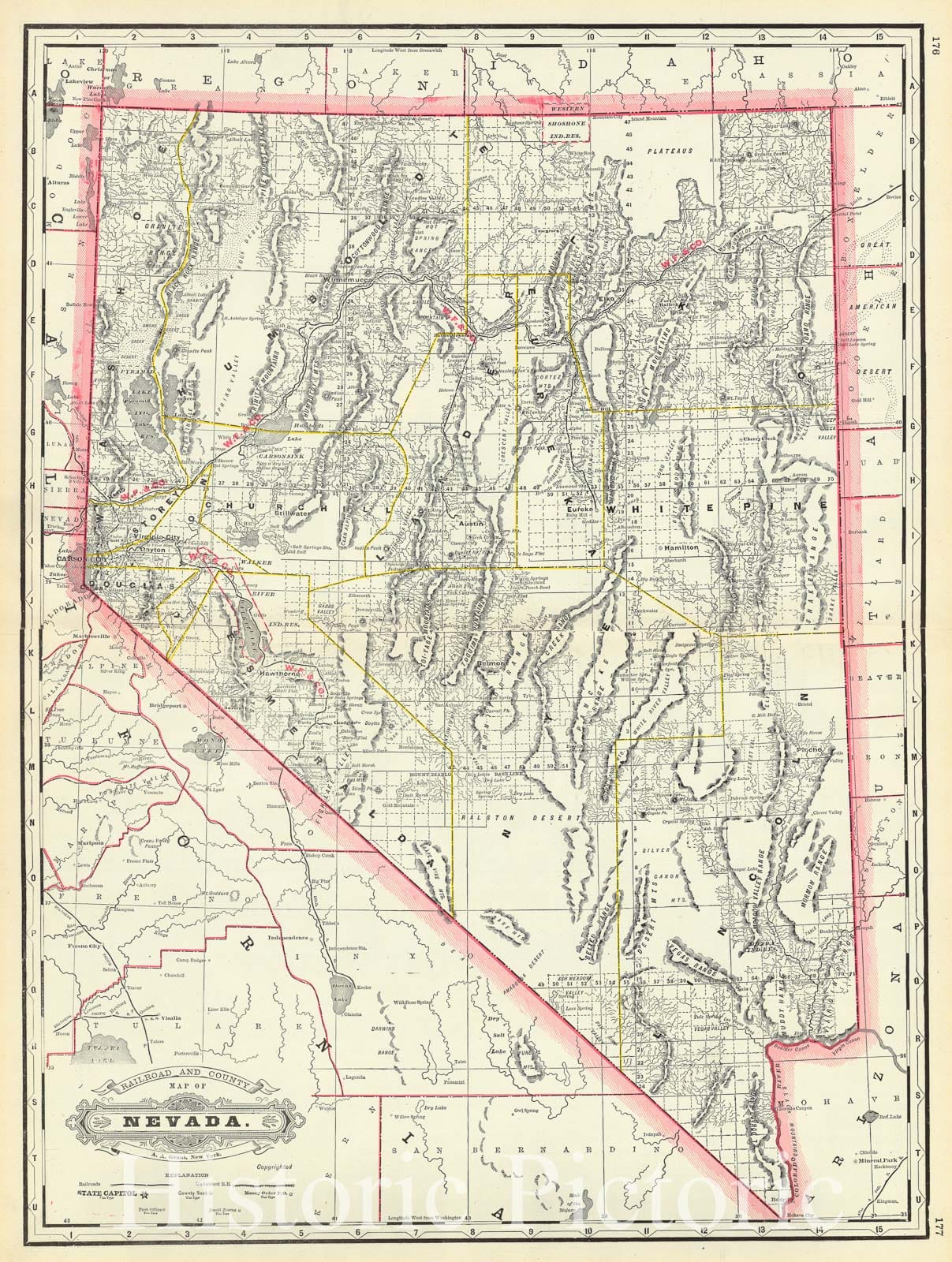 Historic Map : 1887 Railroad and County Map of Nevada : Vintage Wall A ...