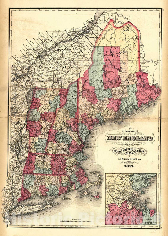 Historic Map : 1871 Map of New England with adjacent portions of New Y – Historic Pictoric