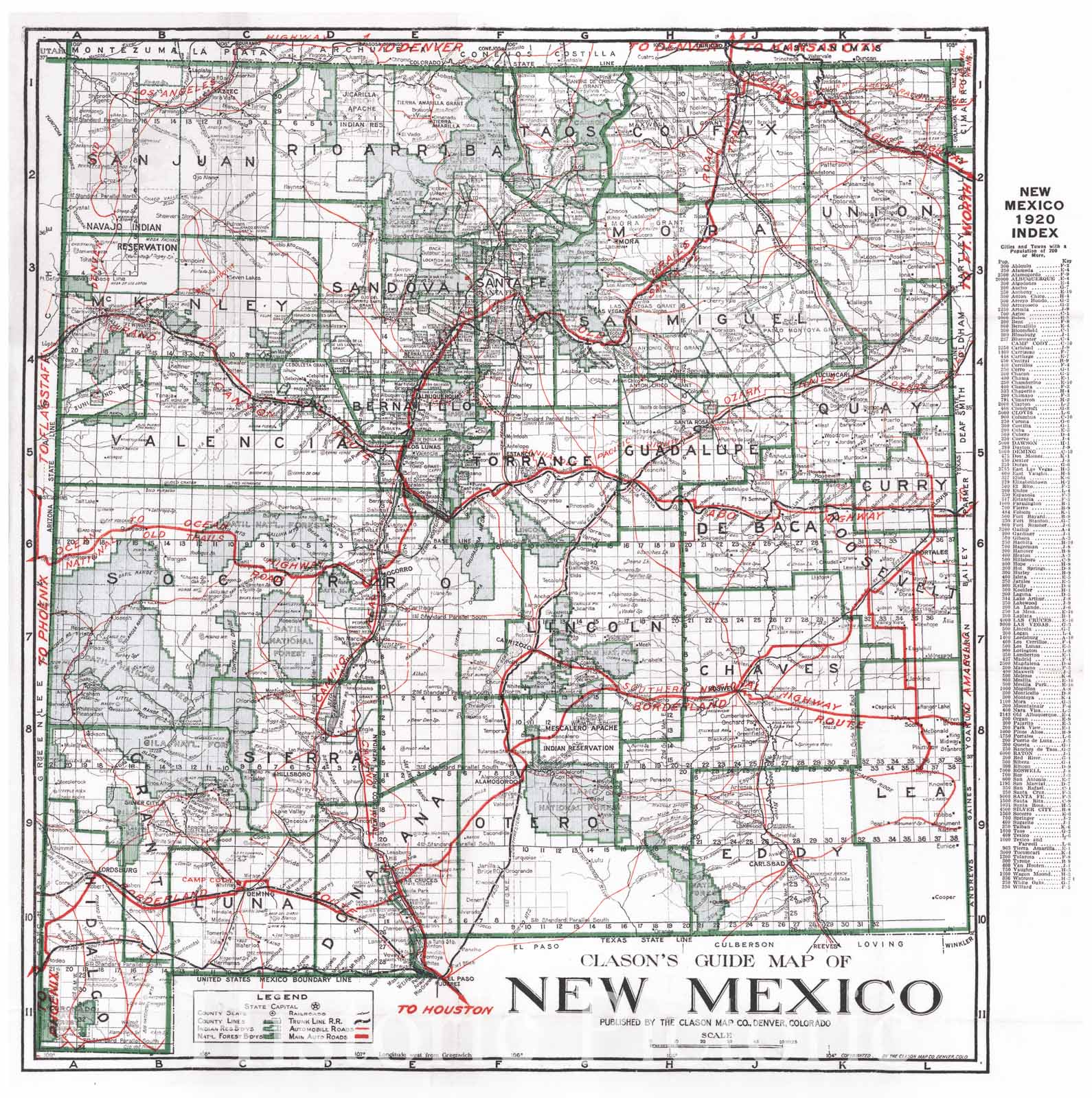 Historic Map : 1920 Clason's Guide Map of New Mexico : Vintage Wall Ar ...