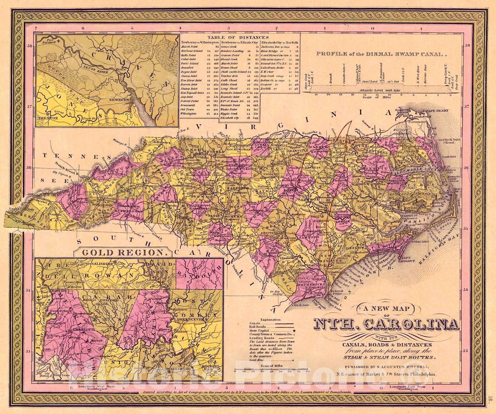 Historic Map : 1846 A New Map of North Carolina : Vintage Wall Art ...