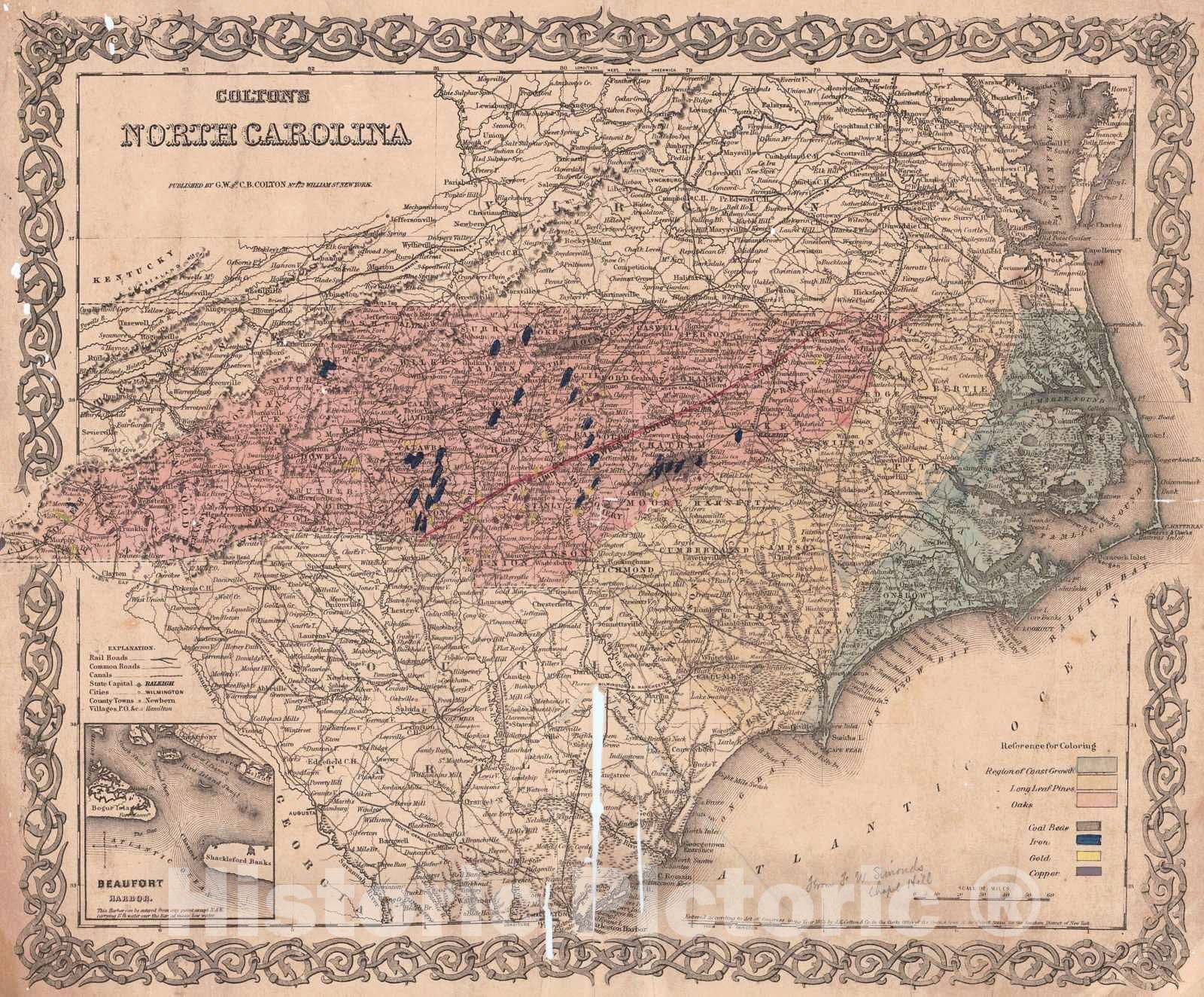 Historic Map : 1855 Colton's North Carolina : Vintage Wall Art ...