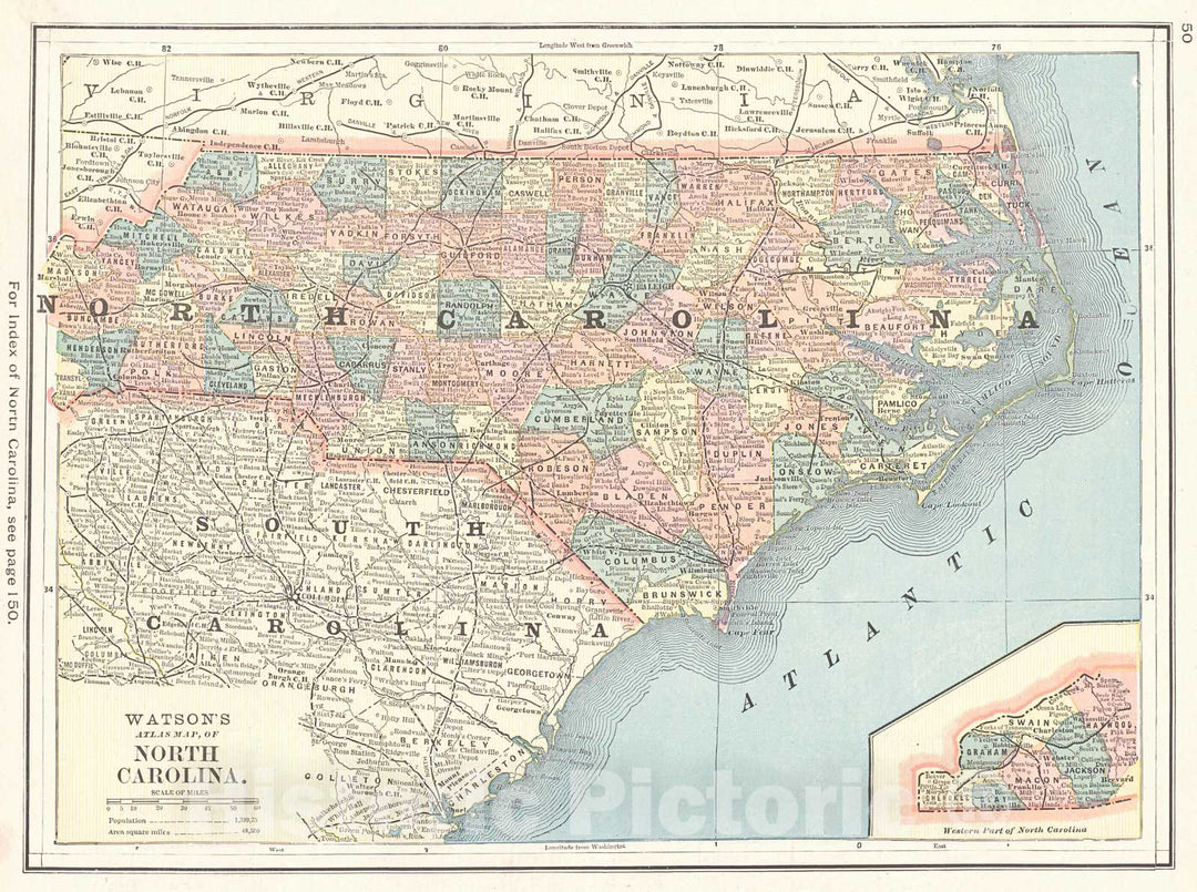 Historic Map : 1886 Watson's Atlas Map of North Carolina : Vintage Wal ...