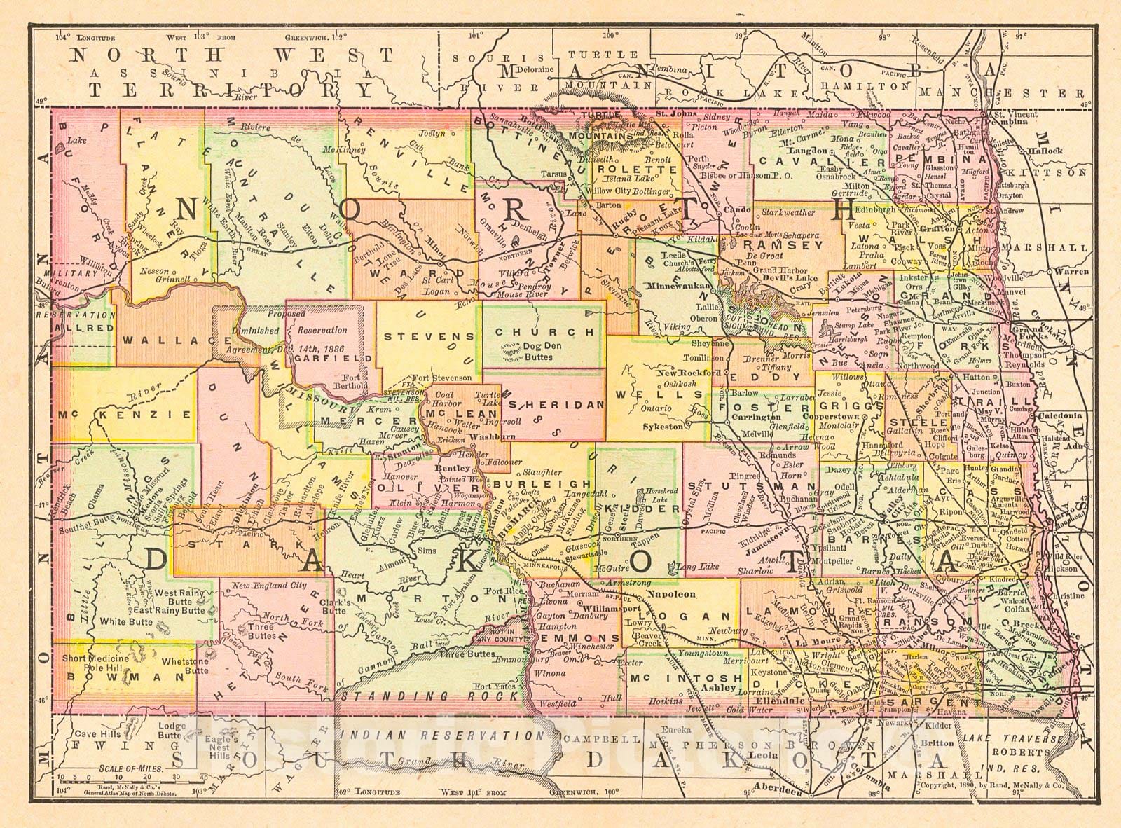 Historic Map : 1890 Rand McNally's General Atlas Map of North Dakota ...