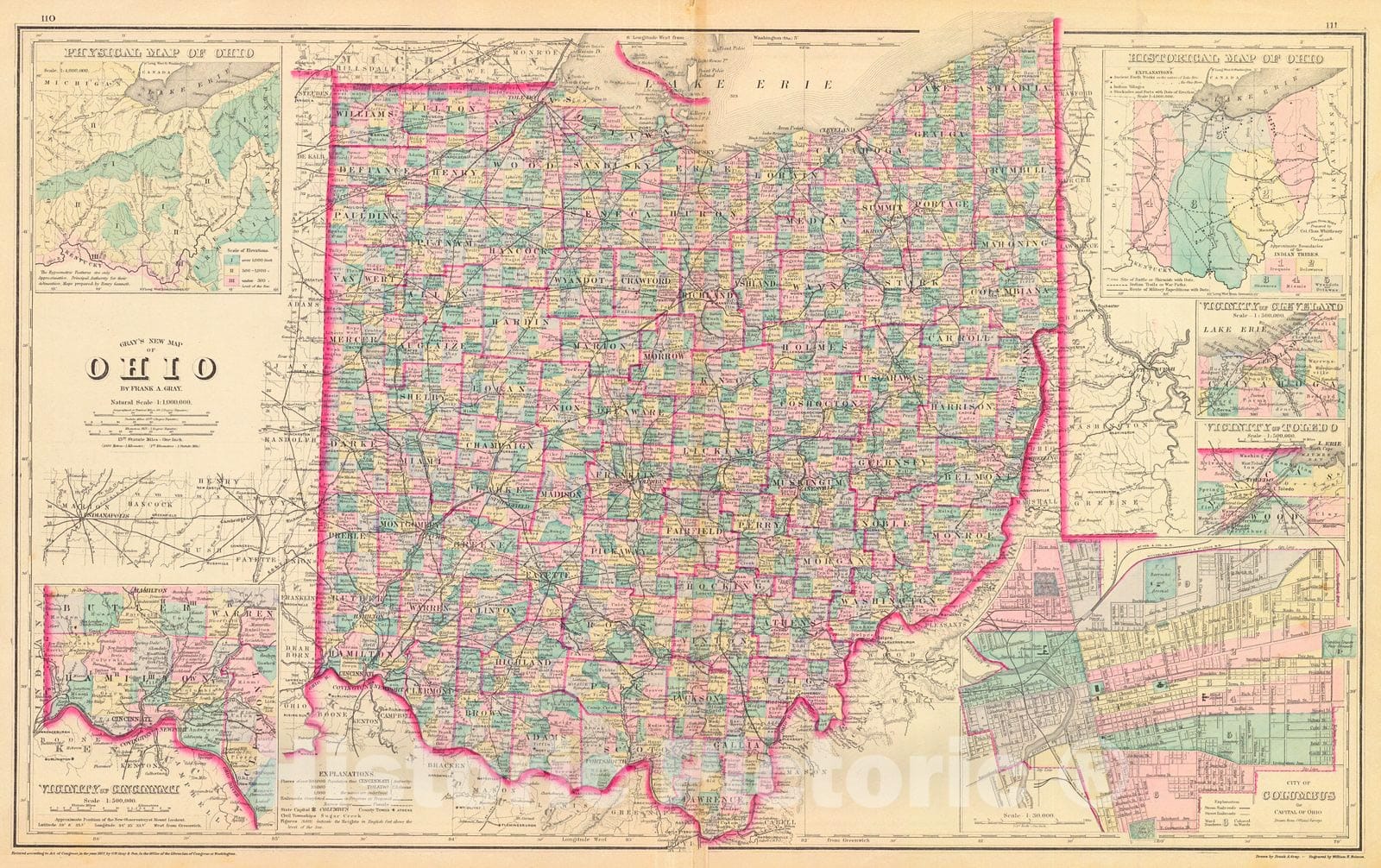 Historic Map : 1877 Gray's New Map of Ohio : Vintage Wall Art ...