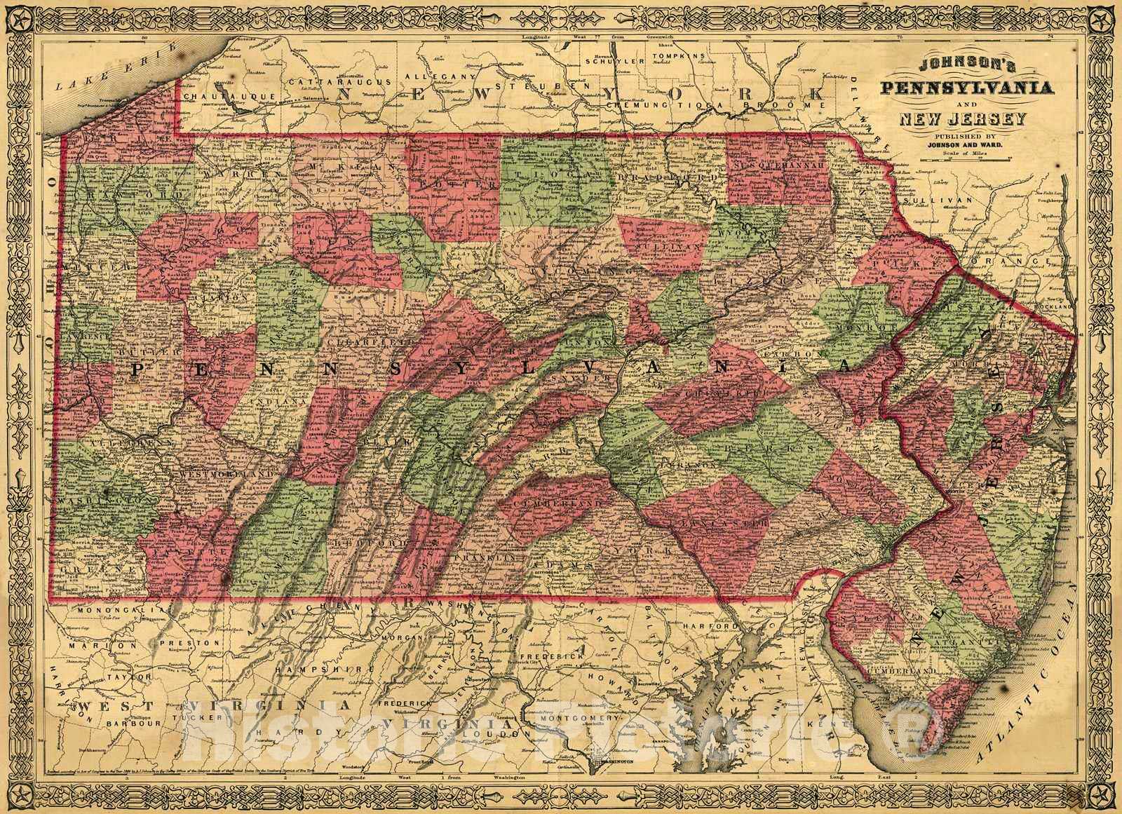 Historic Map : 1864 Johnson's Pennsylvania and New Jersey : Vintage Wa ...
