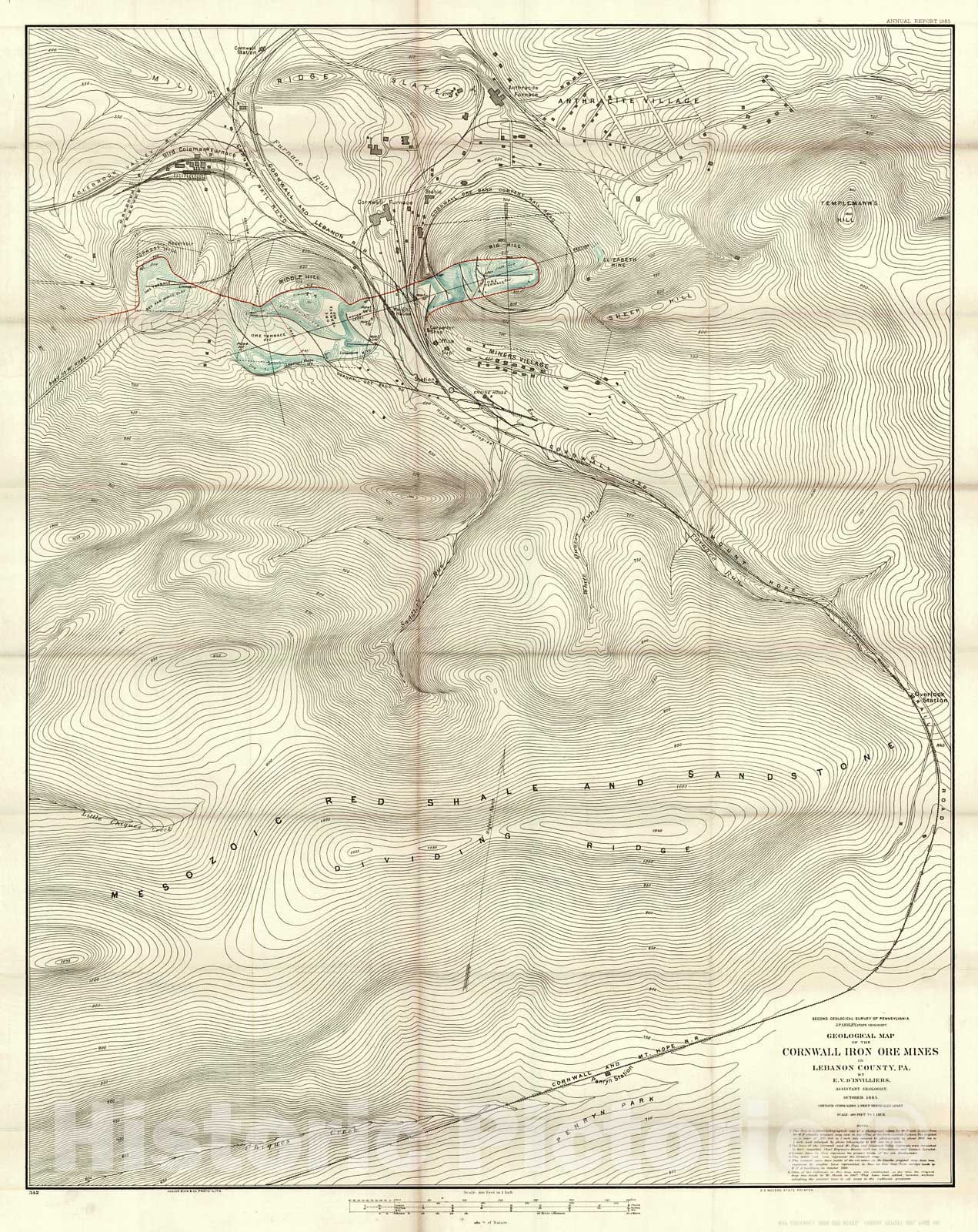 Historic Map : 1885 Geological Map of the Cornwall Iron Mines in Leban ...