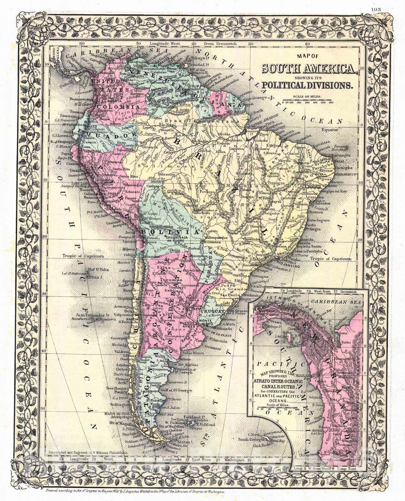 Historic Map : 1881 Map of South America Showing Its Political Divisio ...