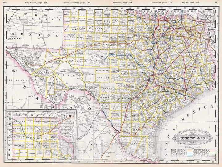 Historic Map : 1890 Railroad and County Map of Texas : Vintage Wall Ar ...