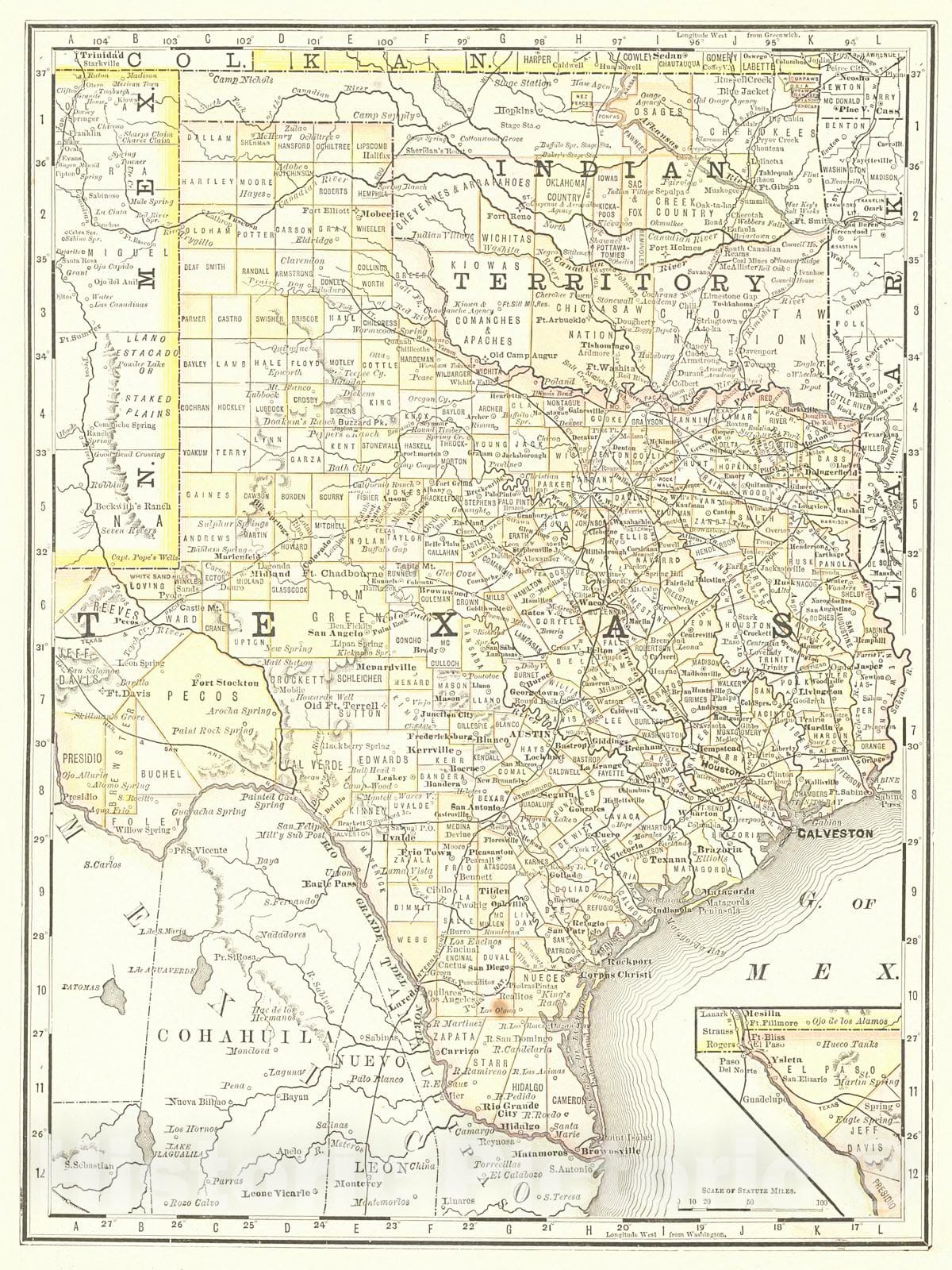 Historic Map : 1890 Texas, Indian Territory : Vintage Wall Art ...