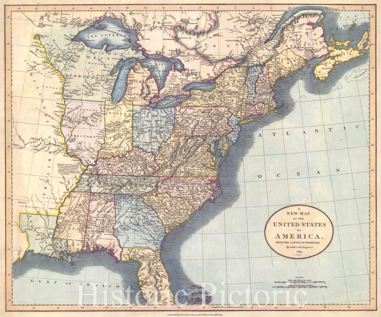 Historic Map : 1825 A New Map of the United States of America : Vintag ...