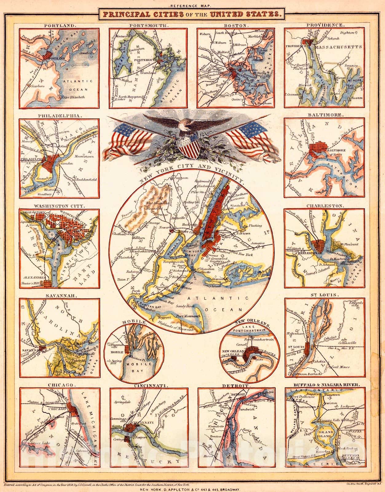 Historic Map : 1856 Principal Cities of the United States : Vintage Wa ...