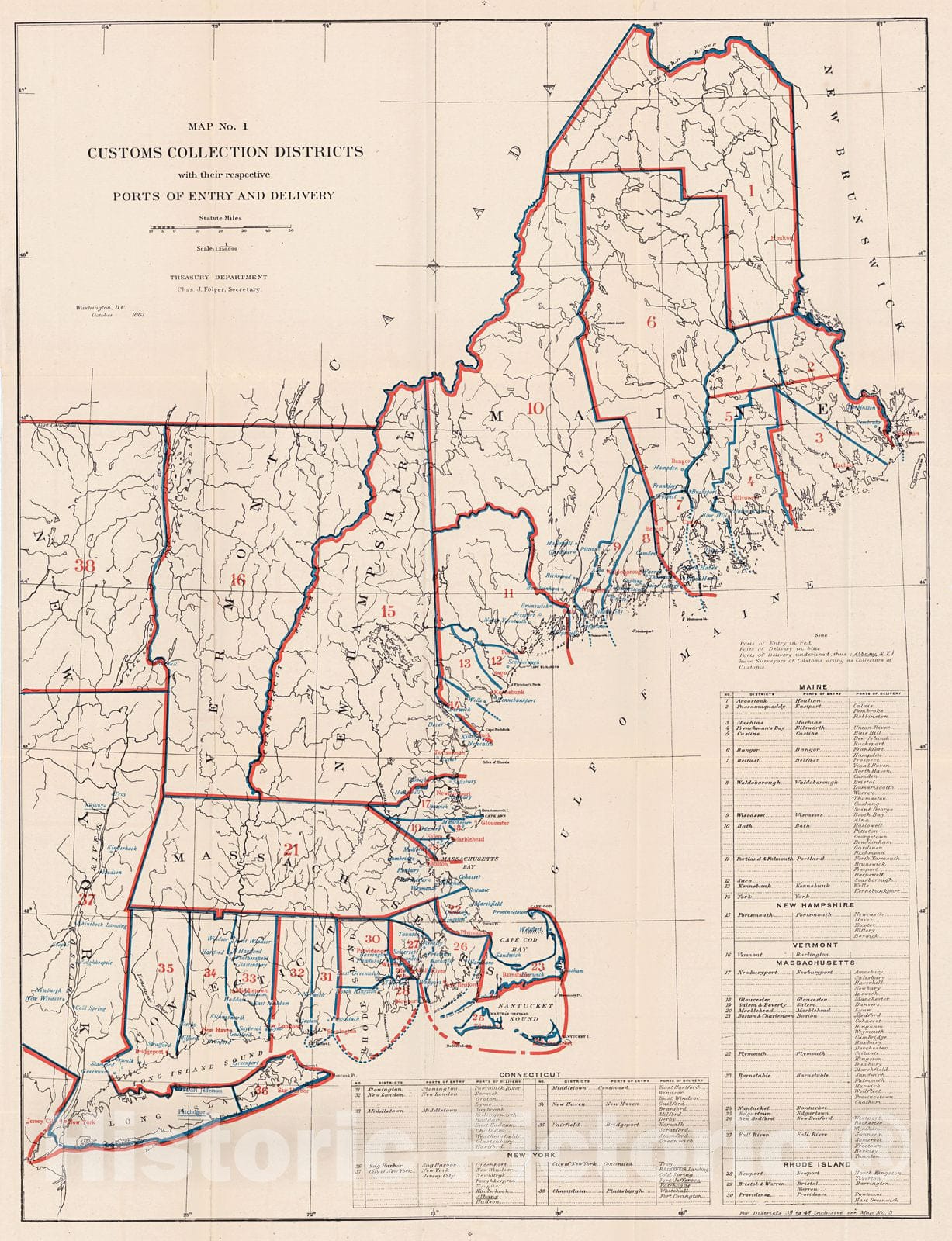 Historic Map : 1883 Map No.1 Customs Collection Districts with their R ...
