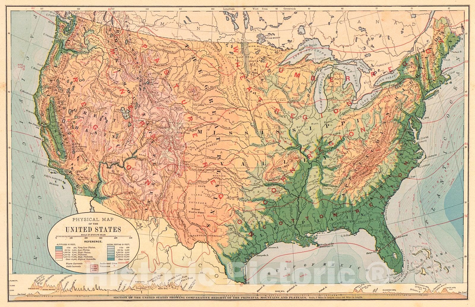 Historic Map : 1887 Physical Map of the United States : Vintage Wall A ...