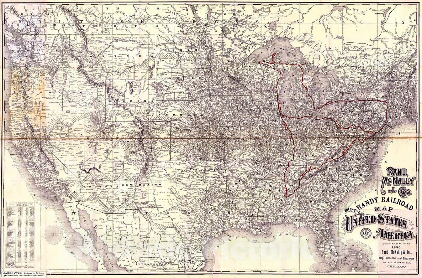 Historic Map : 1890 Handy Railroad Map of the United States of America ...