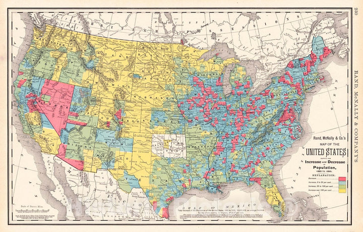 Historic Map : 1898 Map of the United States the Increase and Decrease ...