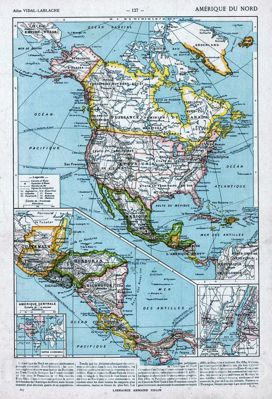 Historic Map : 1908 Amerique du Nord : Vintage Wall Art – Historic Pictoric