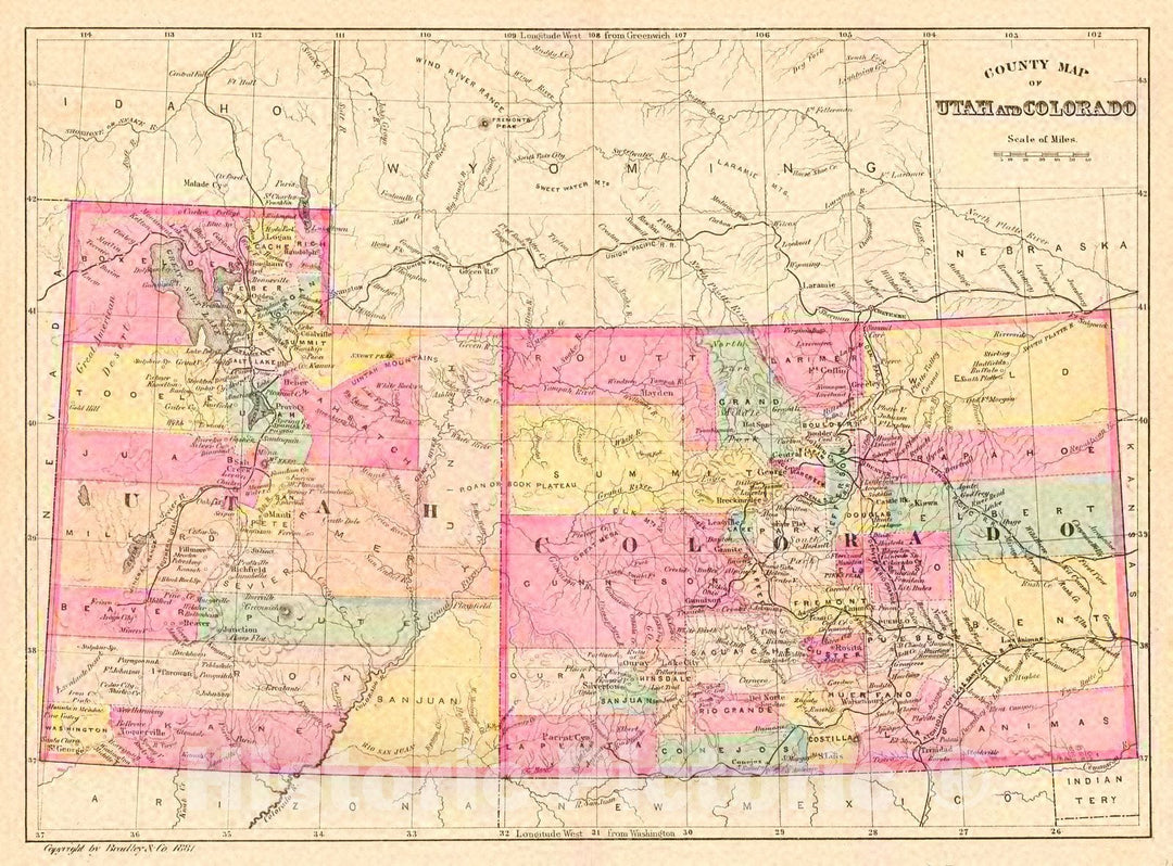 Historic Map : 1881 County map of Utah and Colorado : Vintage Wall Art ...