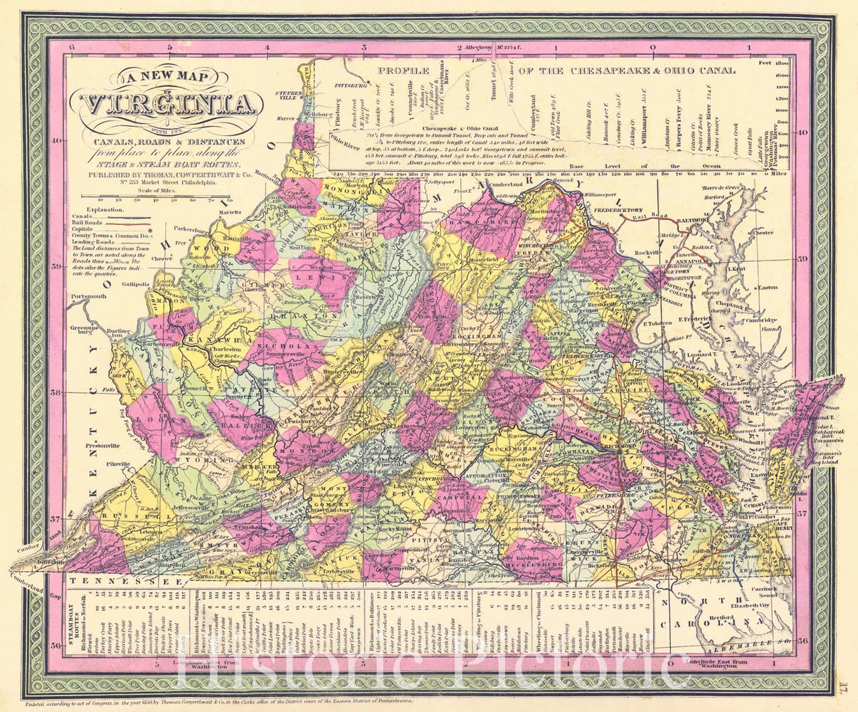 Historic Map : 1850 A New Map of Virginia with its Canals, Roads, and ...