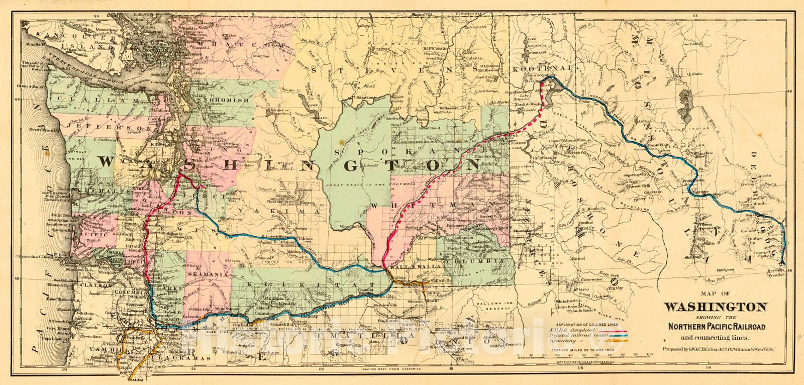 Historic Map : 1880 Map of Washington Showing the Northern Pacific Rai ...