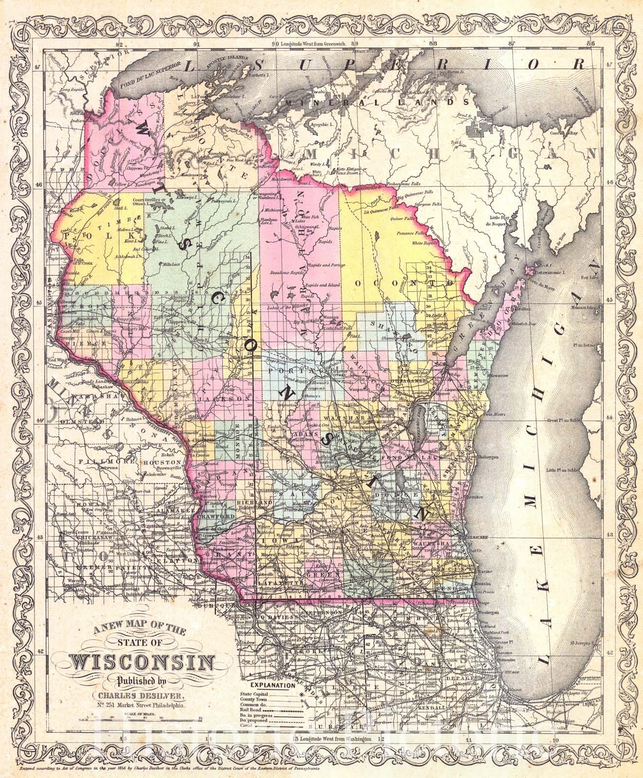 Historic Map : 1856 A New Map of the State of Wisconsin : Vintage Wall ...